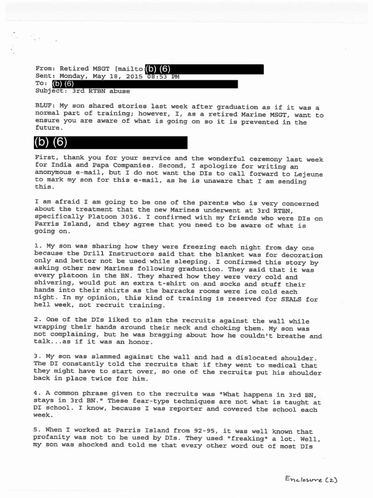 Parent Letter on Abuse at Marine Corp Recruit Depot Parris Island