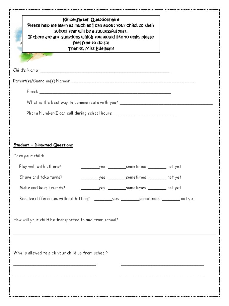 Kindergarten Questionnaire | PDF | Communication