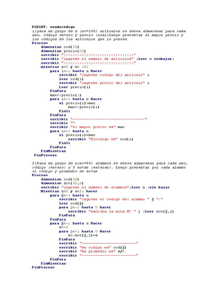 Fundamentos De Programacion Ejercicios De Clases En Pseint