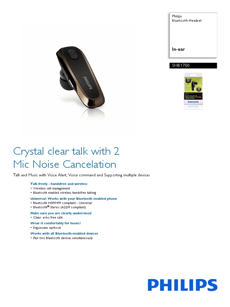Philips Bluetooth Headset SHB1700 | PDF | Bluetooth | Manufactured Goods