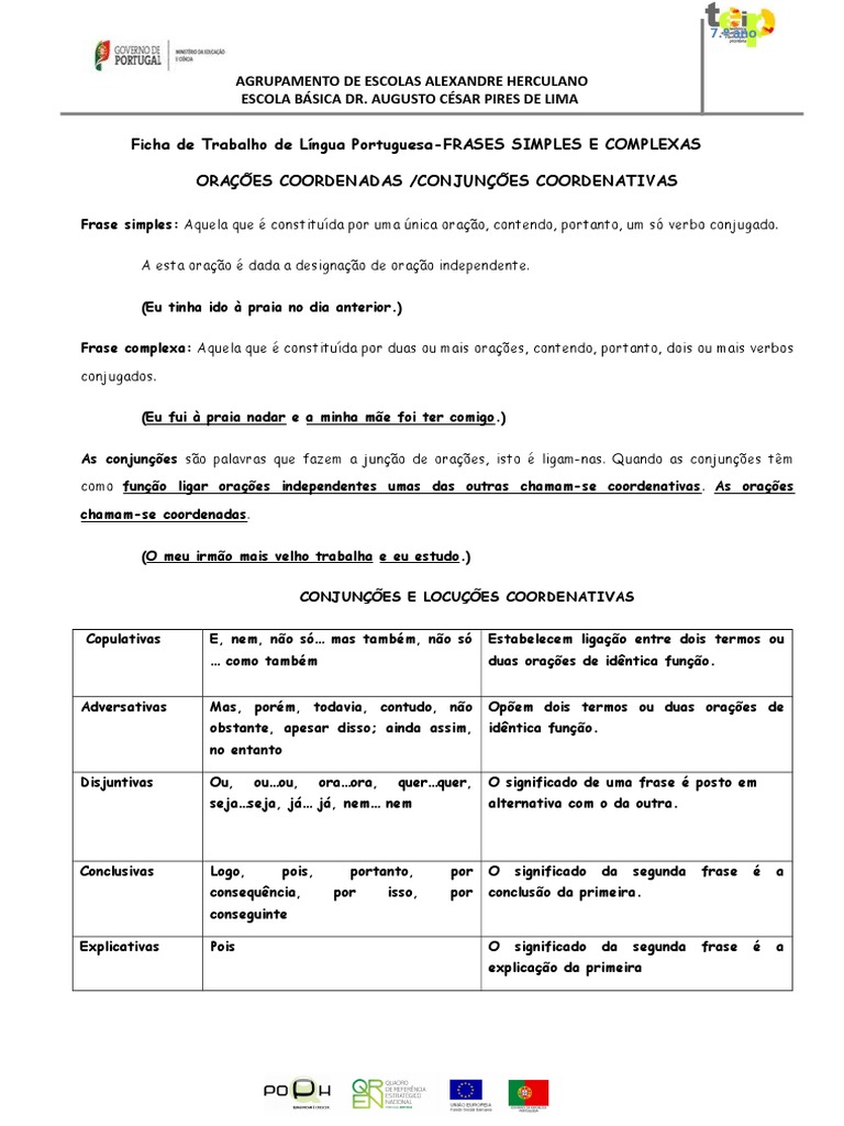 Ficha Frase Simples e Complexa | Idiomas