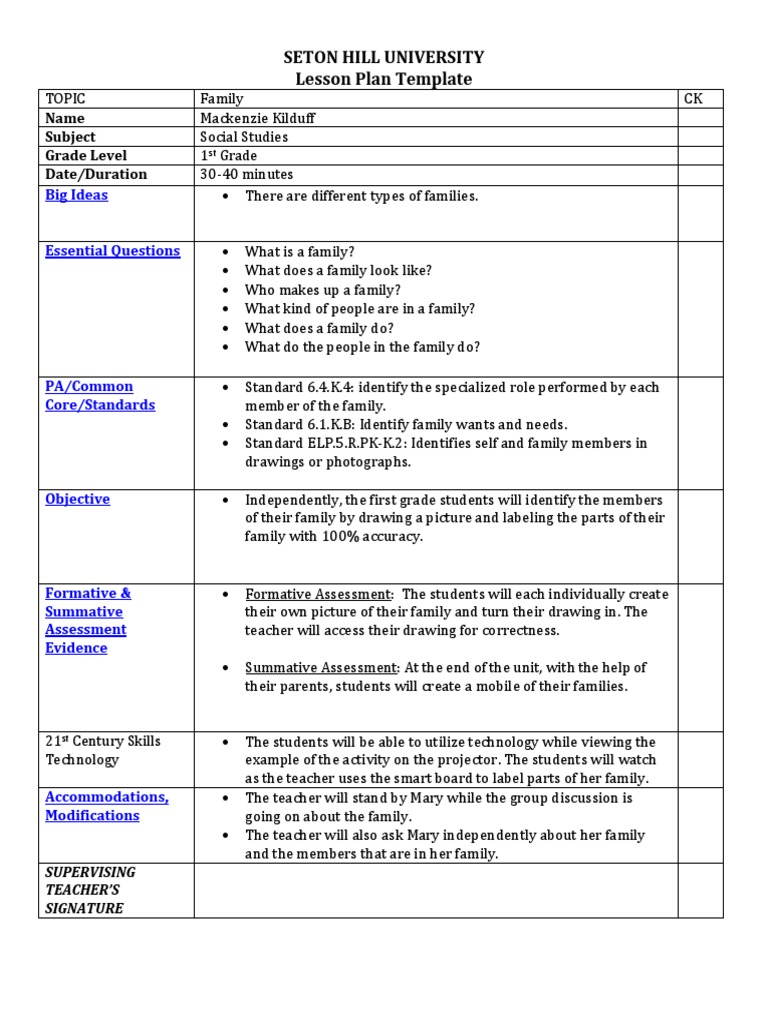 lesson plan 1-family | Educational Assessment | Lesson Plan