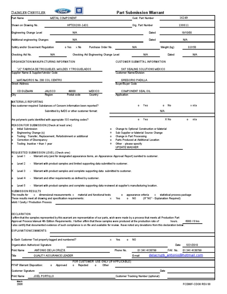 Part Submission Warrant: Aimler Hrysler | PDF | Computing | Business