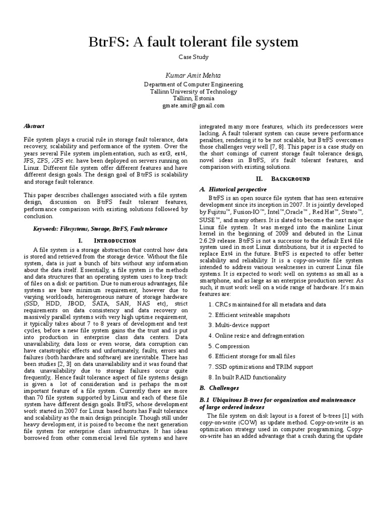 Case Study On BTRFS: A Fault Tolerant File System | PDF | File System | Computer Data Storage