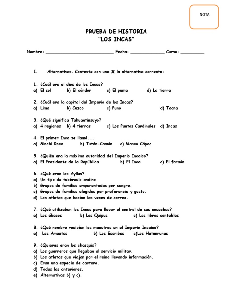Prueba de Historia Los Incas 4to. Basico | Imperio Inca