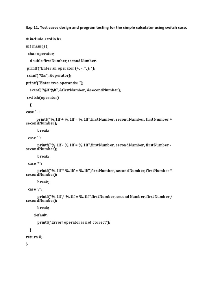 Exp 11 Test Cases Design And Program Testing For The Simple Calculator