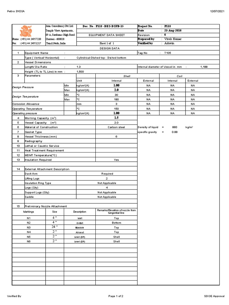 Tank Data Sheet | PDF | Volume | Physical Quantities