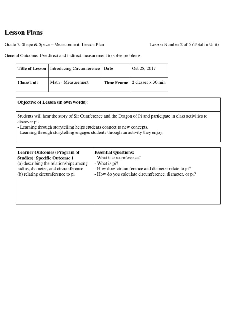 Grade 7 Math Shape and Space | PDF | Pi | Lesson Plan