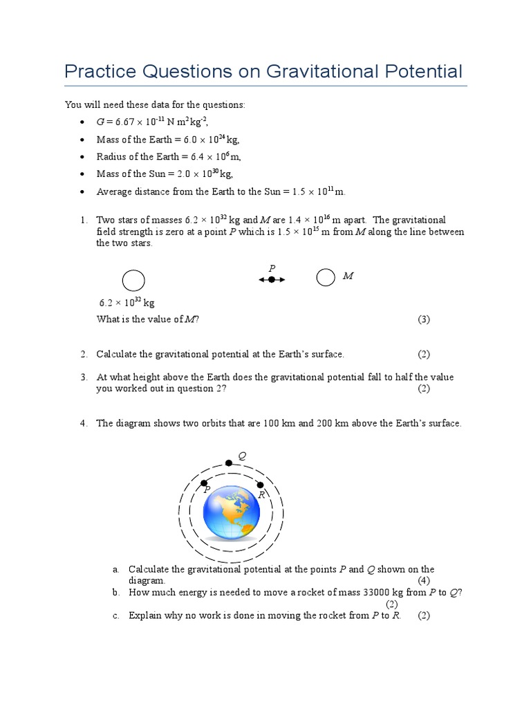 Practice Questions On Gravitational Potential | PDF | Potential Energy | Gravity