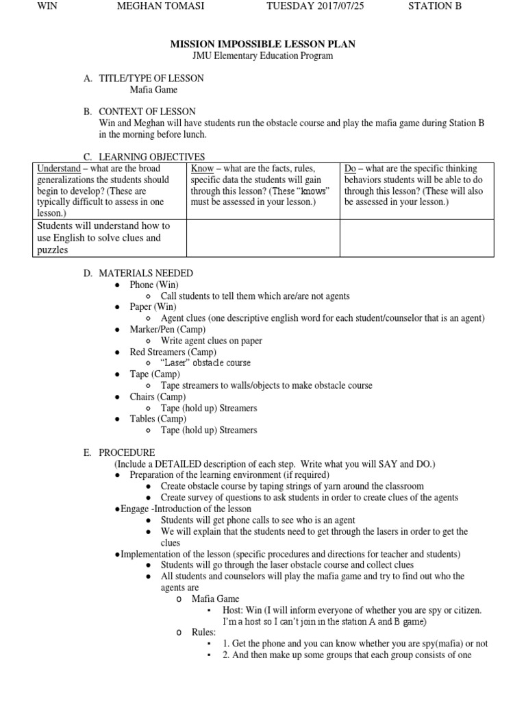 Mission Impossible Lesson Plan | PDF | Lesson Plan | Pedagogy