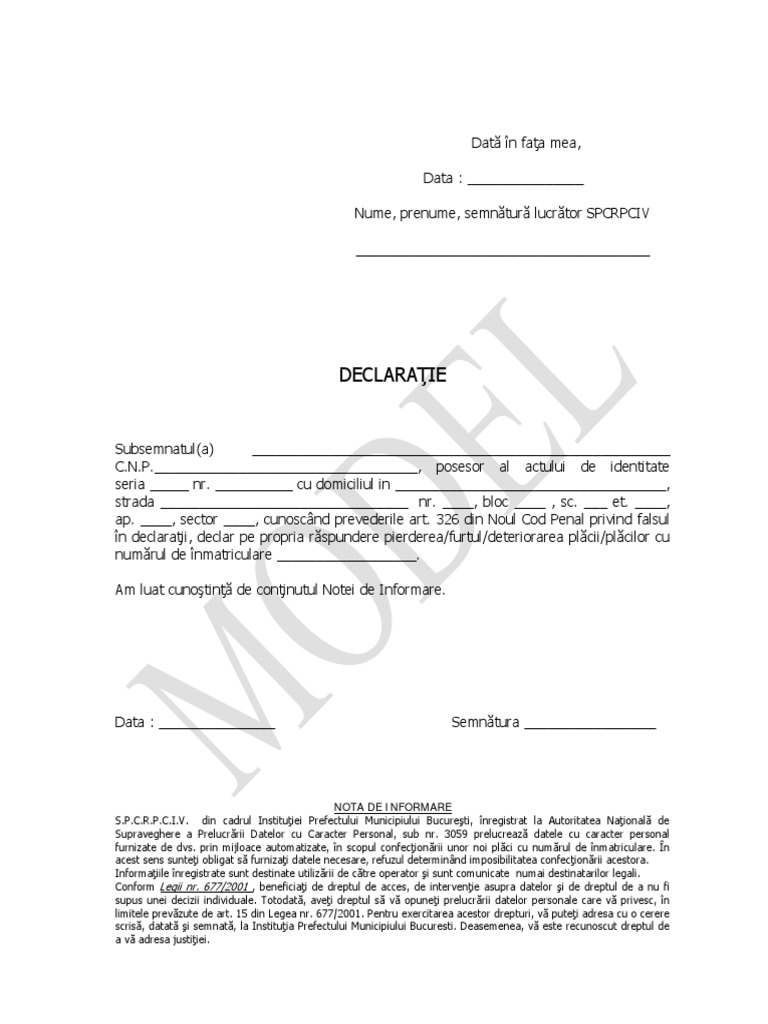 Model Declaratie Pierdere Placi | PDF