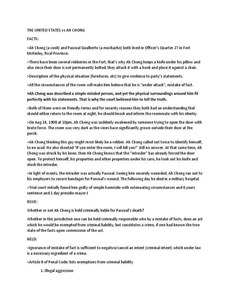 The United States Vs Ah Chong Digest | PDF | Intention (Criminal Law ...
