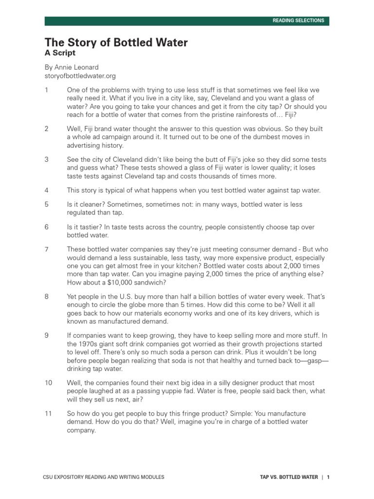 Script The Story of Bottled Water | PDF | Bottled Water | Food And Drug ...