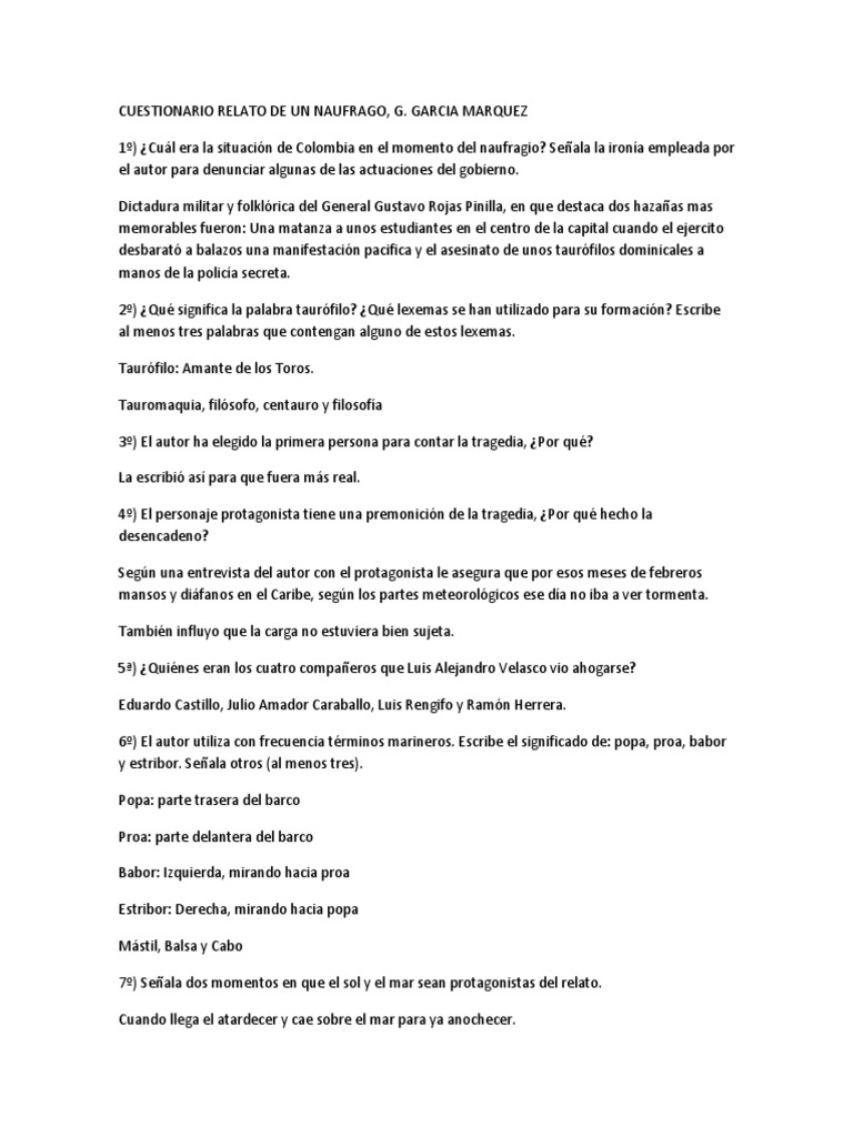 Cuestionario Relato de Un Naufrago | PDF | Gabriel García Márquez