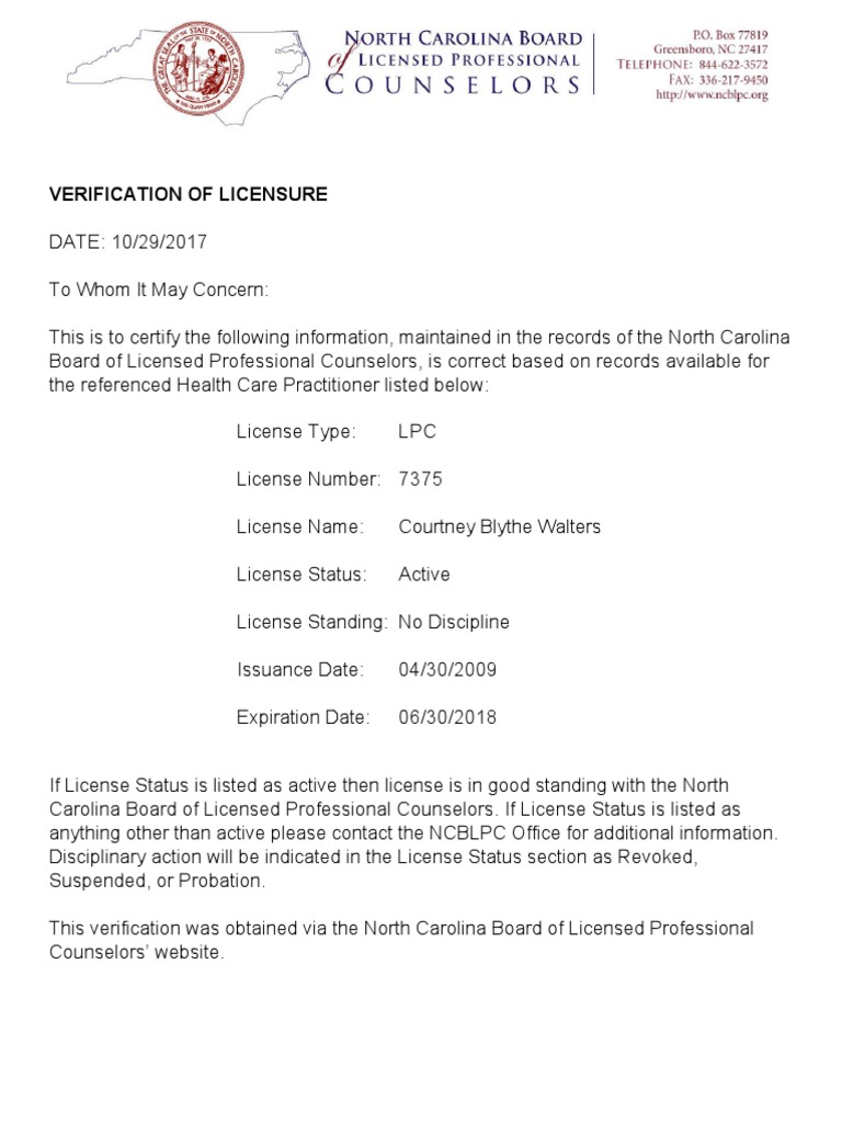 Verification of Licensure | PDF