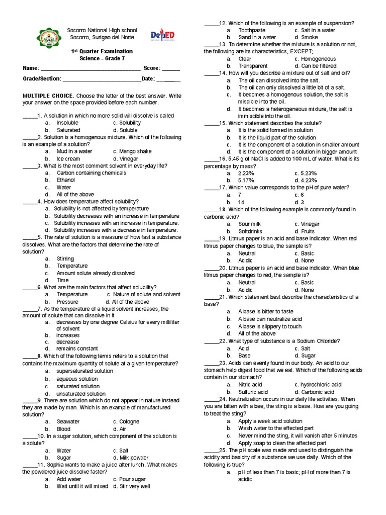 Science 7 - 1st Quarter Exam | PDF | Solution | Solubility