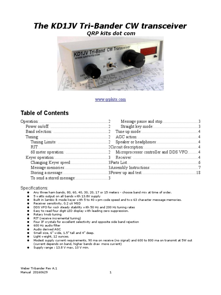 The KD1JV Tri-Bander CW Transceiver Manual | PDF | Mosfet | Amplifier
