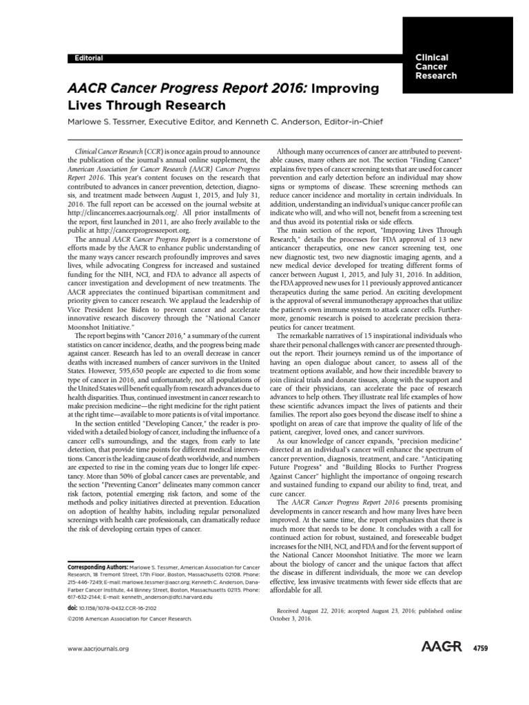 AACR Cancer Progress Report 2016 | PDF | Screening (Medicine) | Cancer