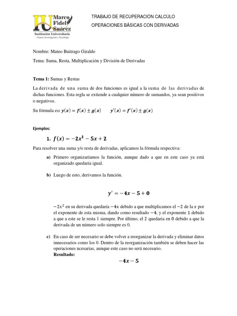 Operaciones Básicas Con Derivadas | PDF | Derivado | División (Matemáticas)