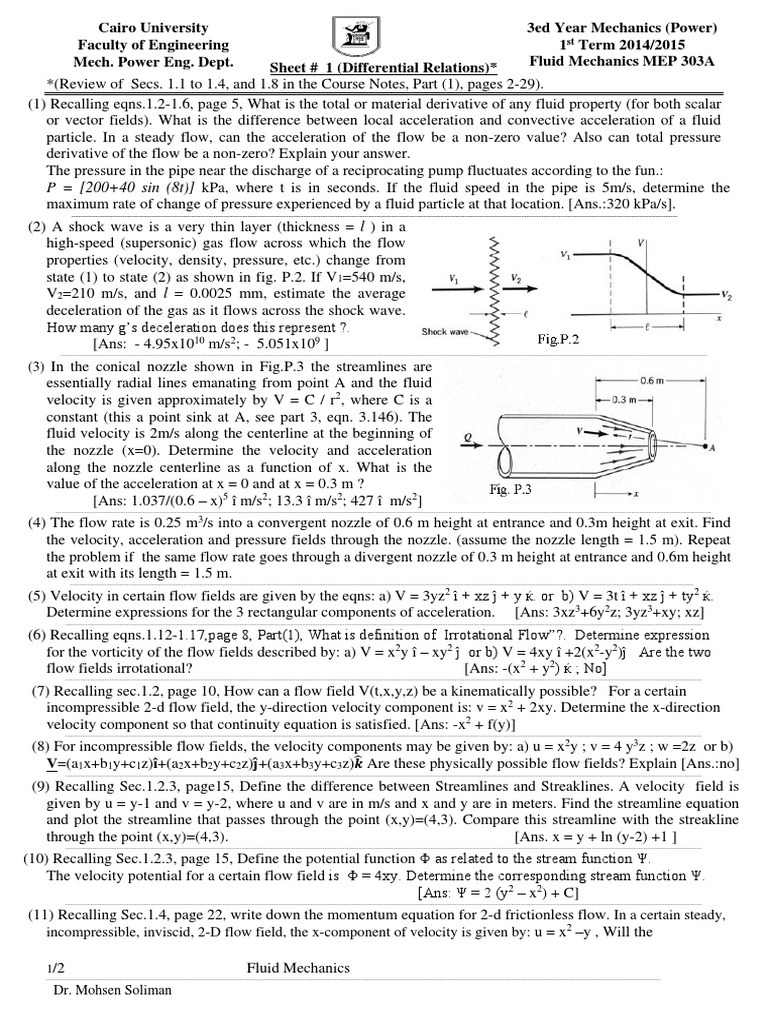 Fluid Mechanics - Sheet 1 | PDF | Navier–Stokes Equations | Fluid Dynamics