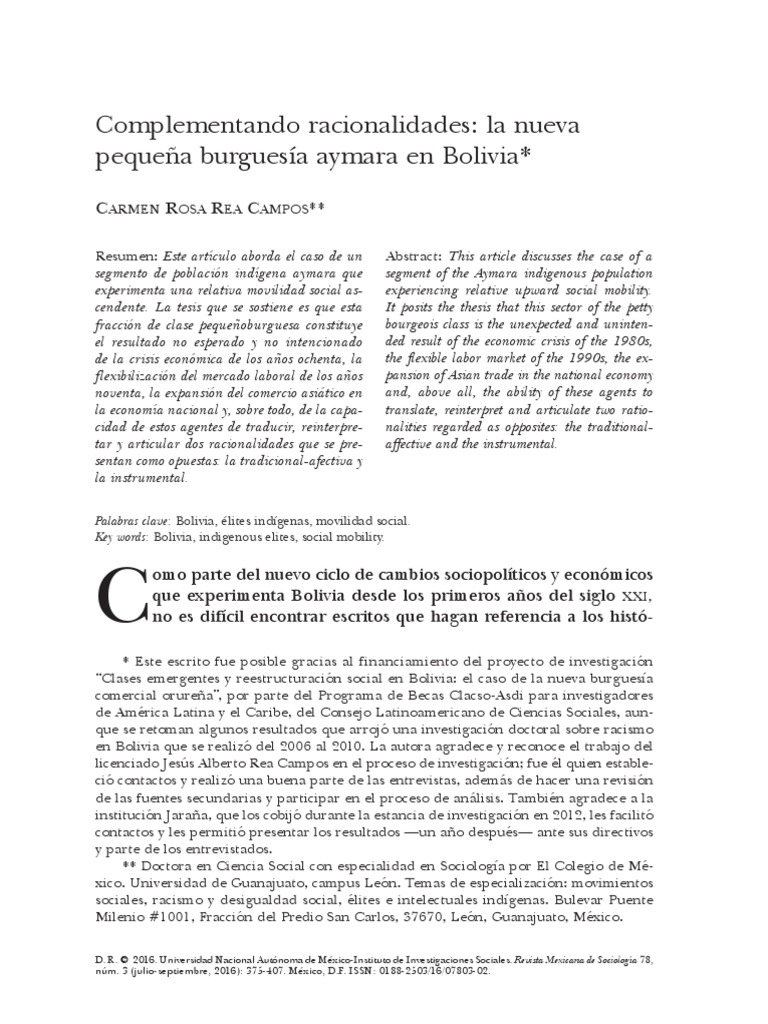 COMPLEMENTANDO RACIONALIDADES: LA NUEVA PEQUEÑA BURGUESÍA AYMARA EN BOLIVIA PDF Carmen Rosa Rea ...