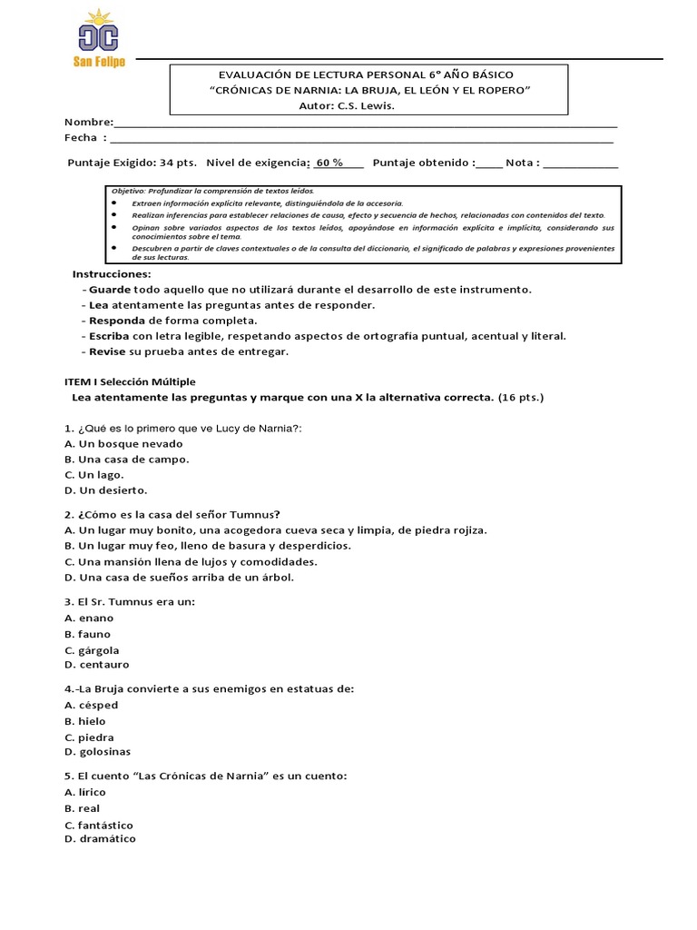 Prueba La Bruja, El León y El Ropero | PDF | Las cronicas de Narnia | Aslan