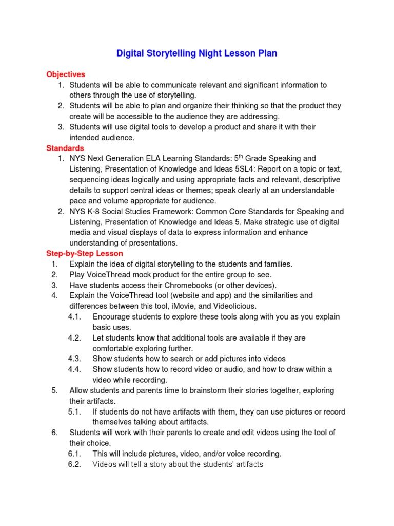 Digital Storytelling Night Lesson Plan: Objectives | PDF | Storytelling ...