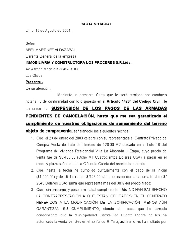 Carta Notarial a Inmobiliaria-susp. Pago. | Gobierno | Política