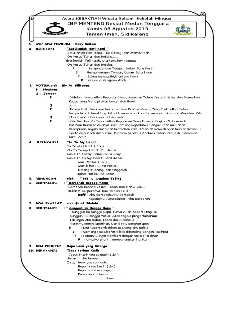Acara Wisata Rohani Anak Sekolah Minggu | PDF