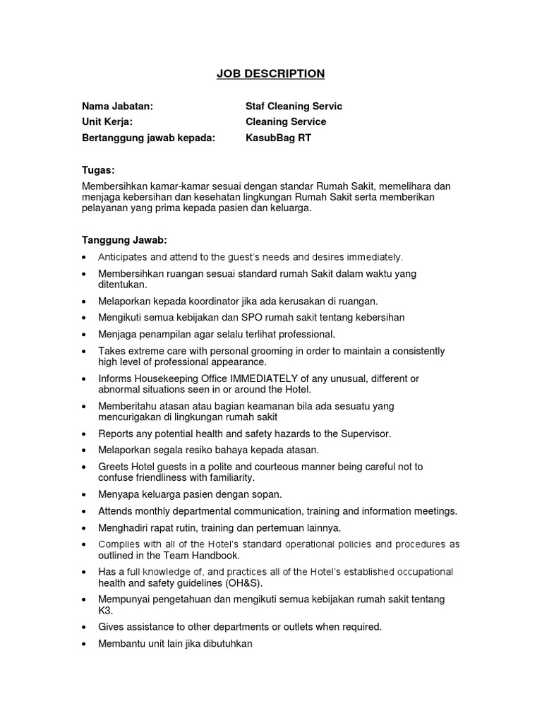 Cleaning Staff Job Description | PDF