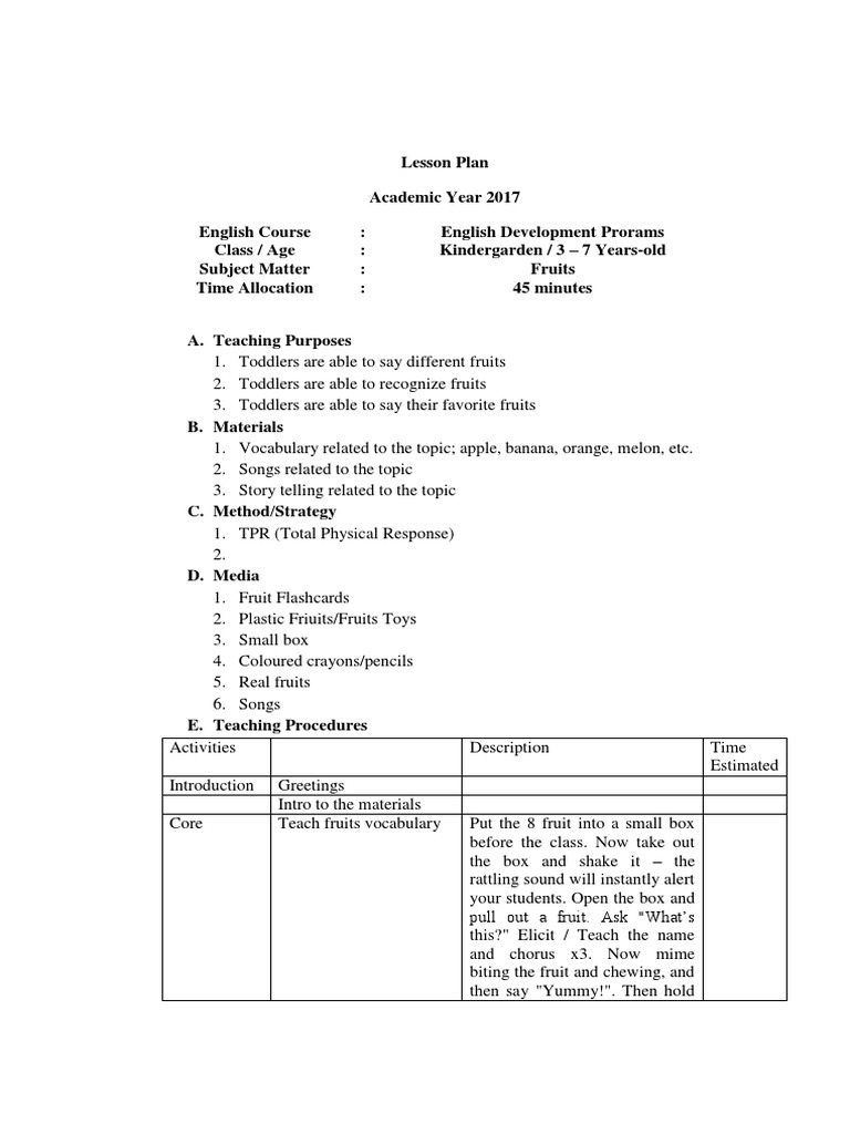 Lesson Plan Teaching Fruits | PDF | Lesson Plan | Learning