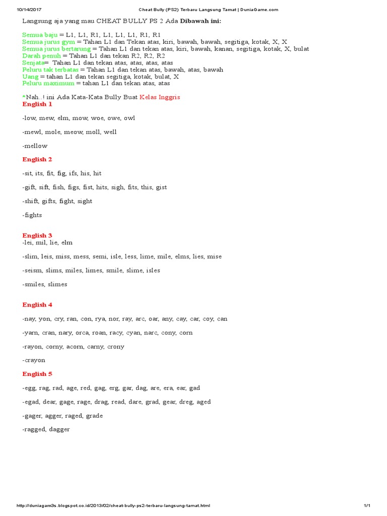 Cheat Bully (PS2) Terbaru Langsung Tamat - DuniaGame | PDF