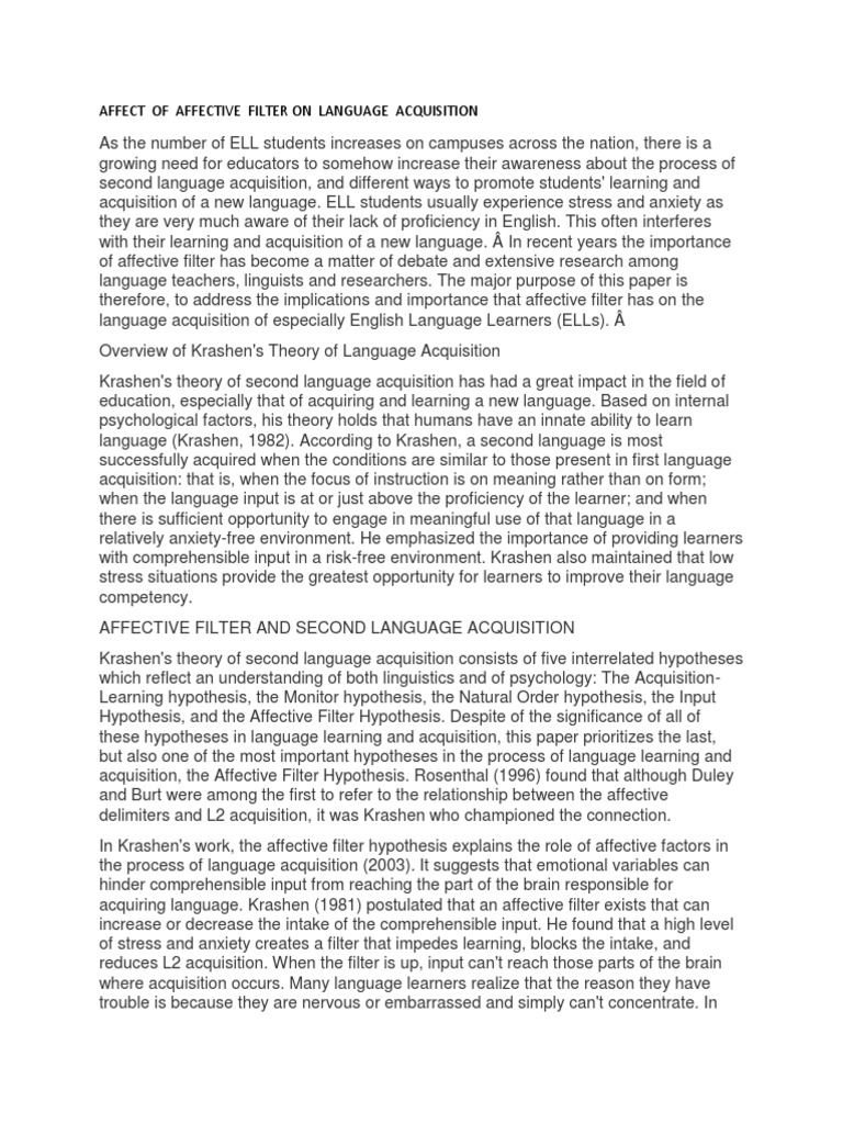 Affective Filter's Role in Language Learning | PDF | Second Language ...