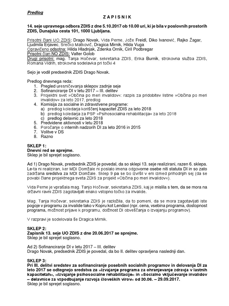Zapisnik 14. Seje UO ZDIS, 05.10.2017, Predlog | PDF
