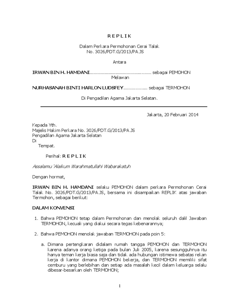Replik Cerai Talak Irwan vs Nurhasanah | PDF