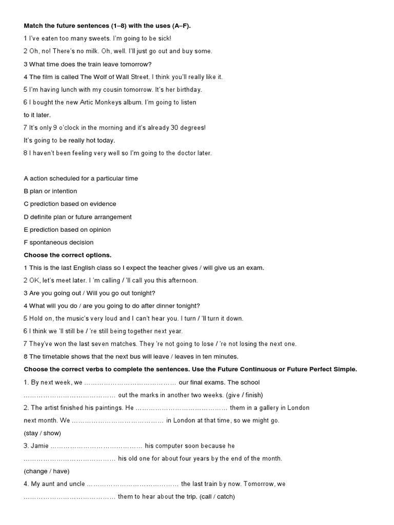 Future Tense Usage Exercises | PDF | Grammar | Leisure