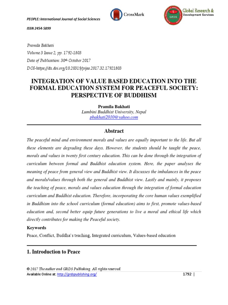 Integration of Value Based Education Into The Formal Education System For Peaceful Society ...