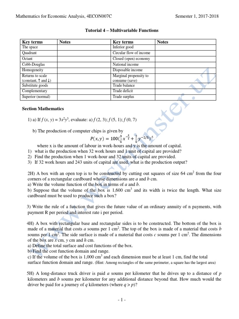 Tutorial 4 - Multivariable Functions | PDF | Economic Equilibrium ...