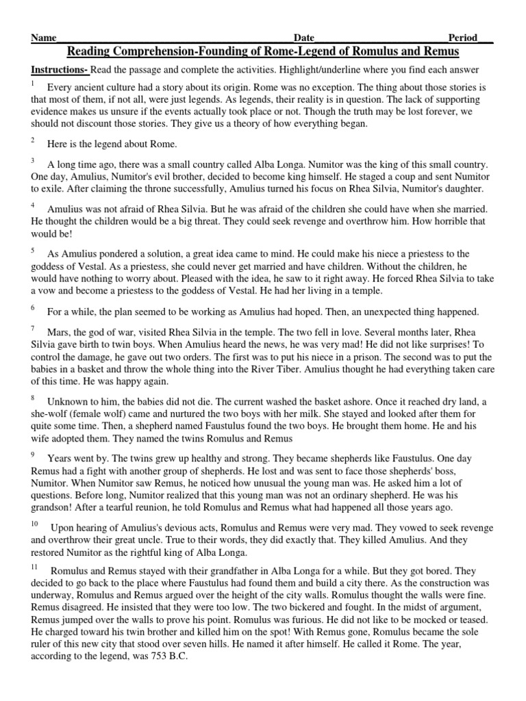 Reading Comprhension-Romulus and Remus | PDF | Romulus And Remus ...