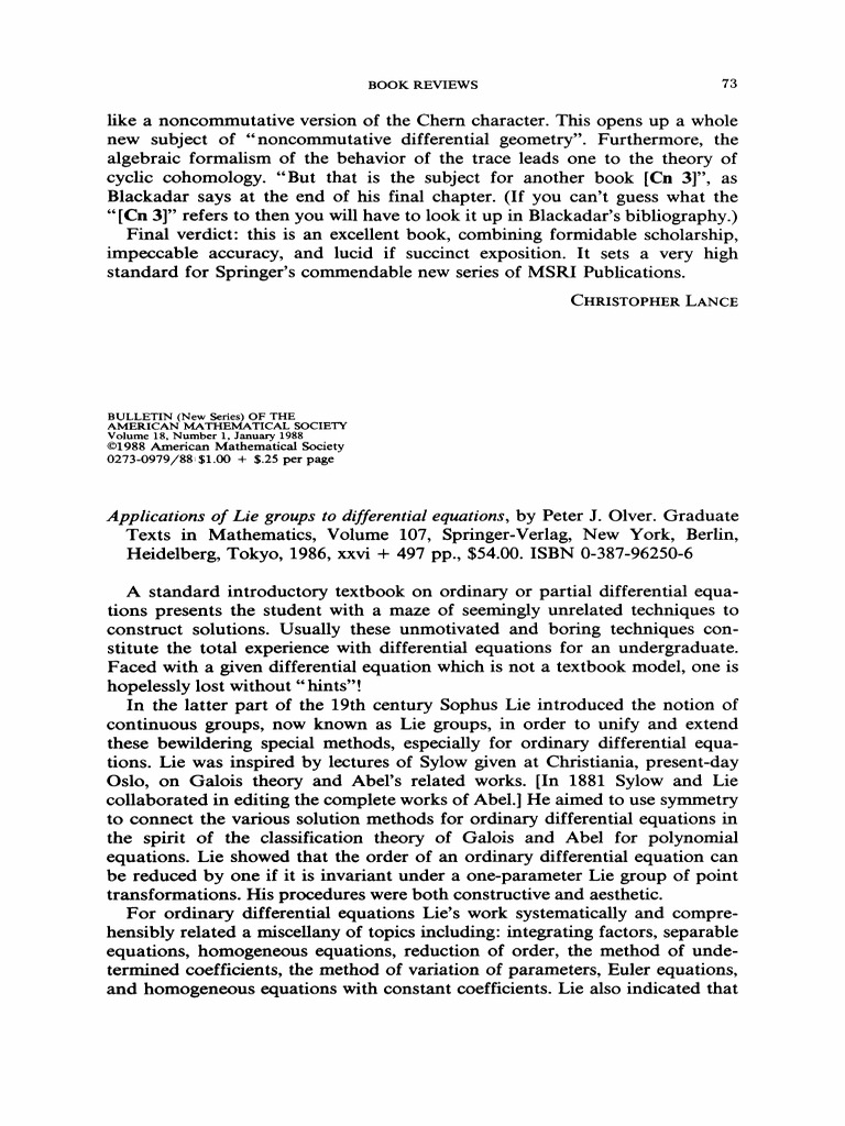 Applications of Lie Groups To Differential Equations, by Peter J. Olver ...