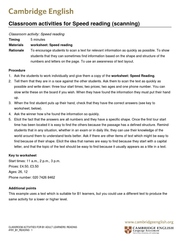 Cambridge English Speed Reading Scanning Classroom Activity Document | PDF