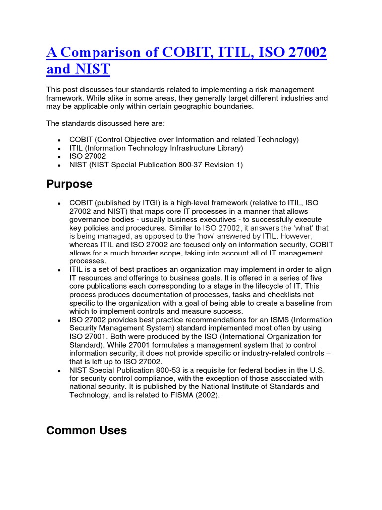 A Comparison of COBIT, ITIL, ISO 27002 and NIST: Purpose | PDF | Itil ...