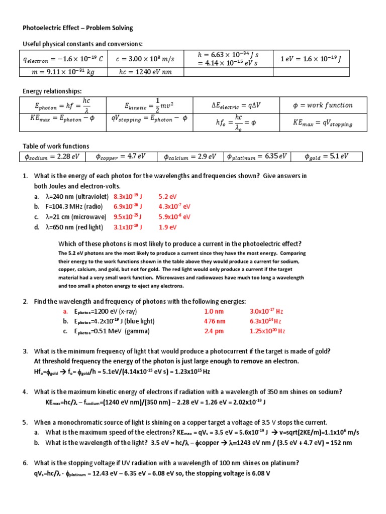 Photoelectric Effect Problems Answers | PDF | Electronvolt | Radiation