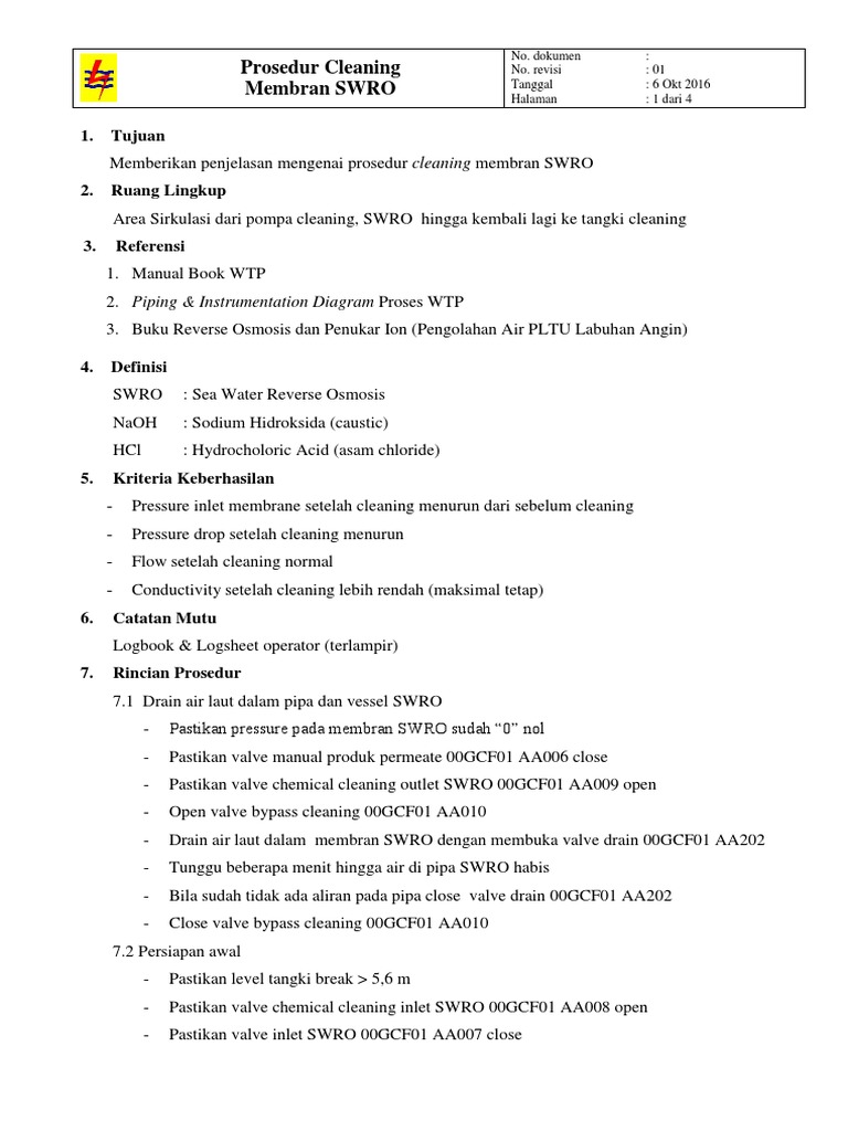 SOP Cleaning Membran SWRO | PDF