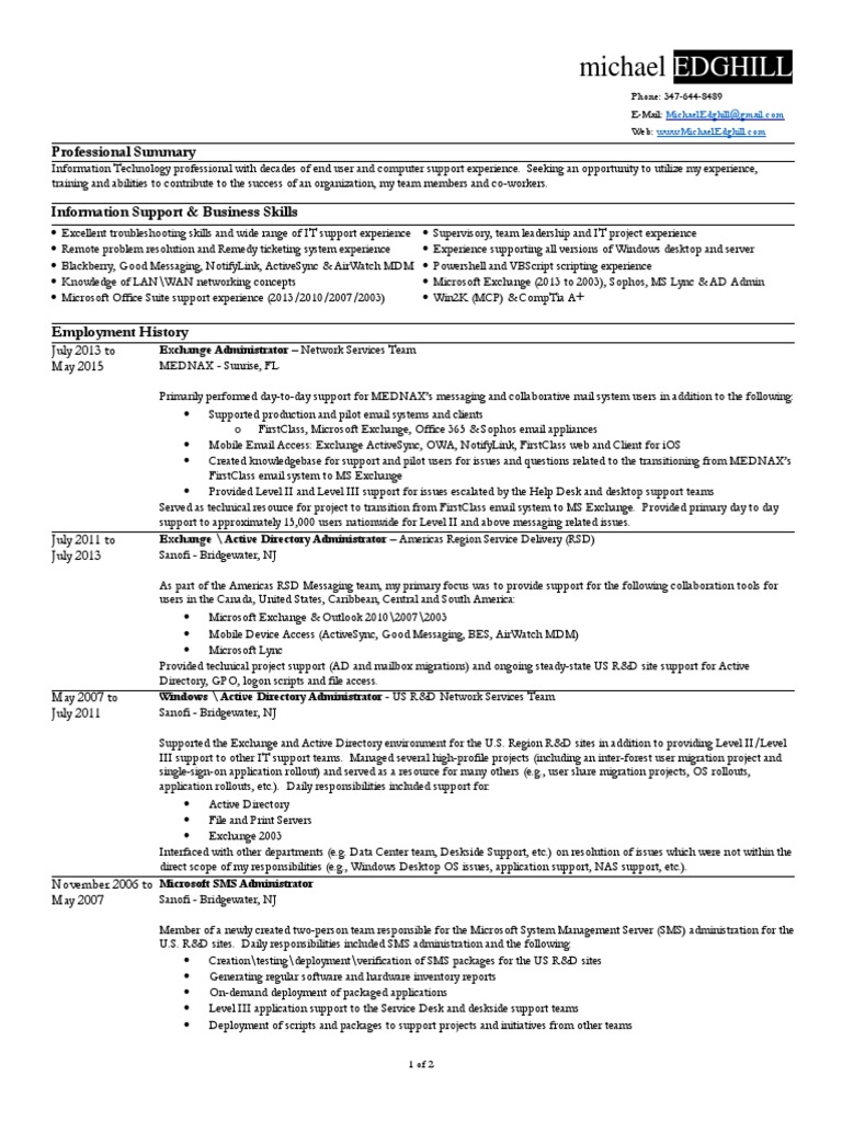 2015 Michael Resume | PDF | Active Directory | Microsoft Exchange Server