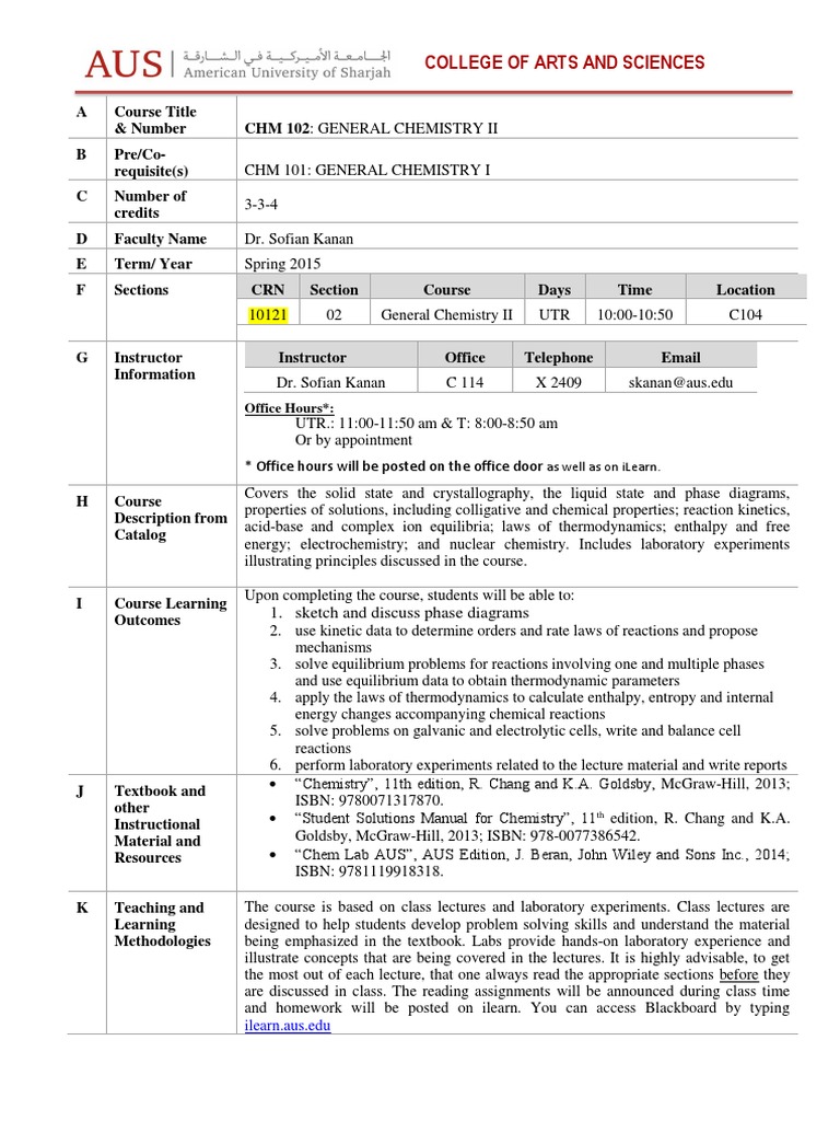 General Chemistry II: Course Syllabus for Spring 2015 at the American ...