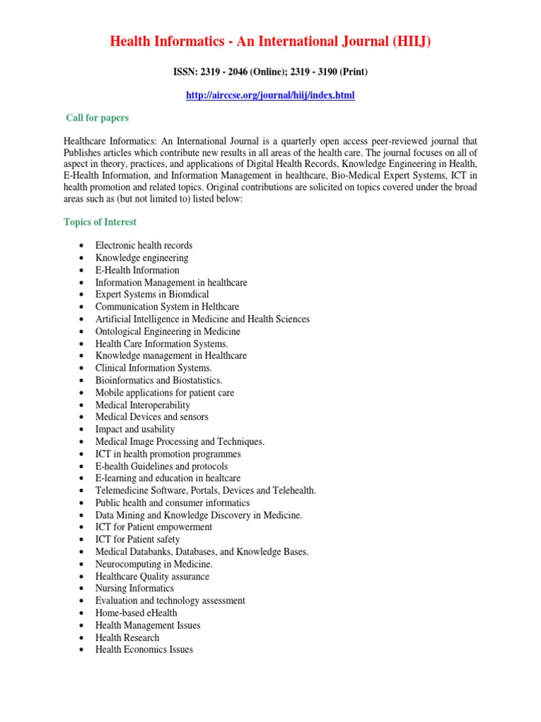 Call for Papers: Health Informatics Journal | PDF | Health Informatics ...