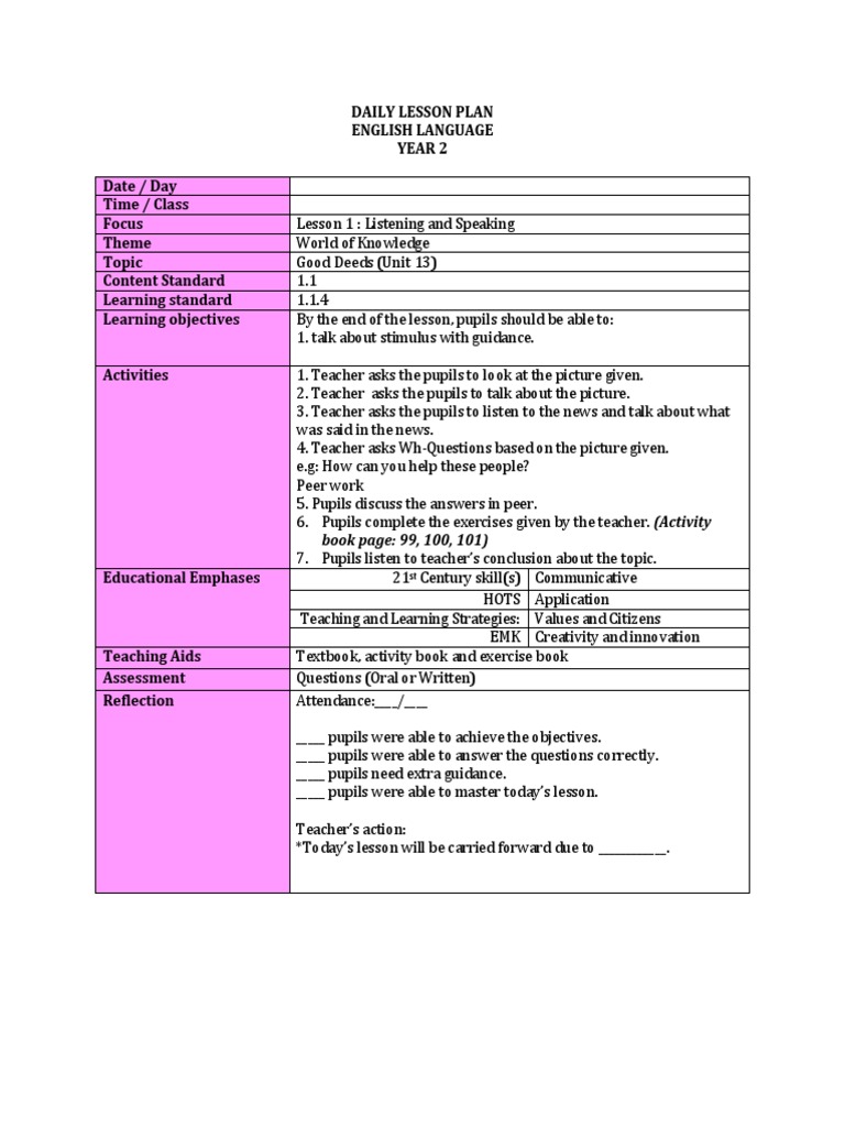 Daily Lesson Plan English Language Year 2 Date / Day Time / Class Focus ...