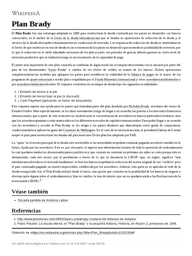 Plan Brady | PDF | Dinero | Responsabilidad (contabilidad financiera)