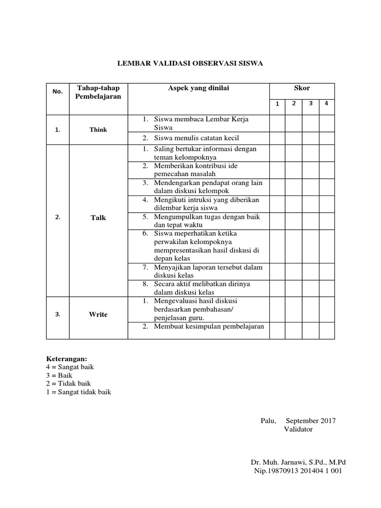 Lembar Validasi Observasi Siswa | PDF